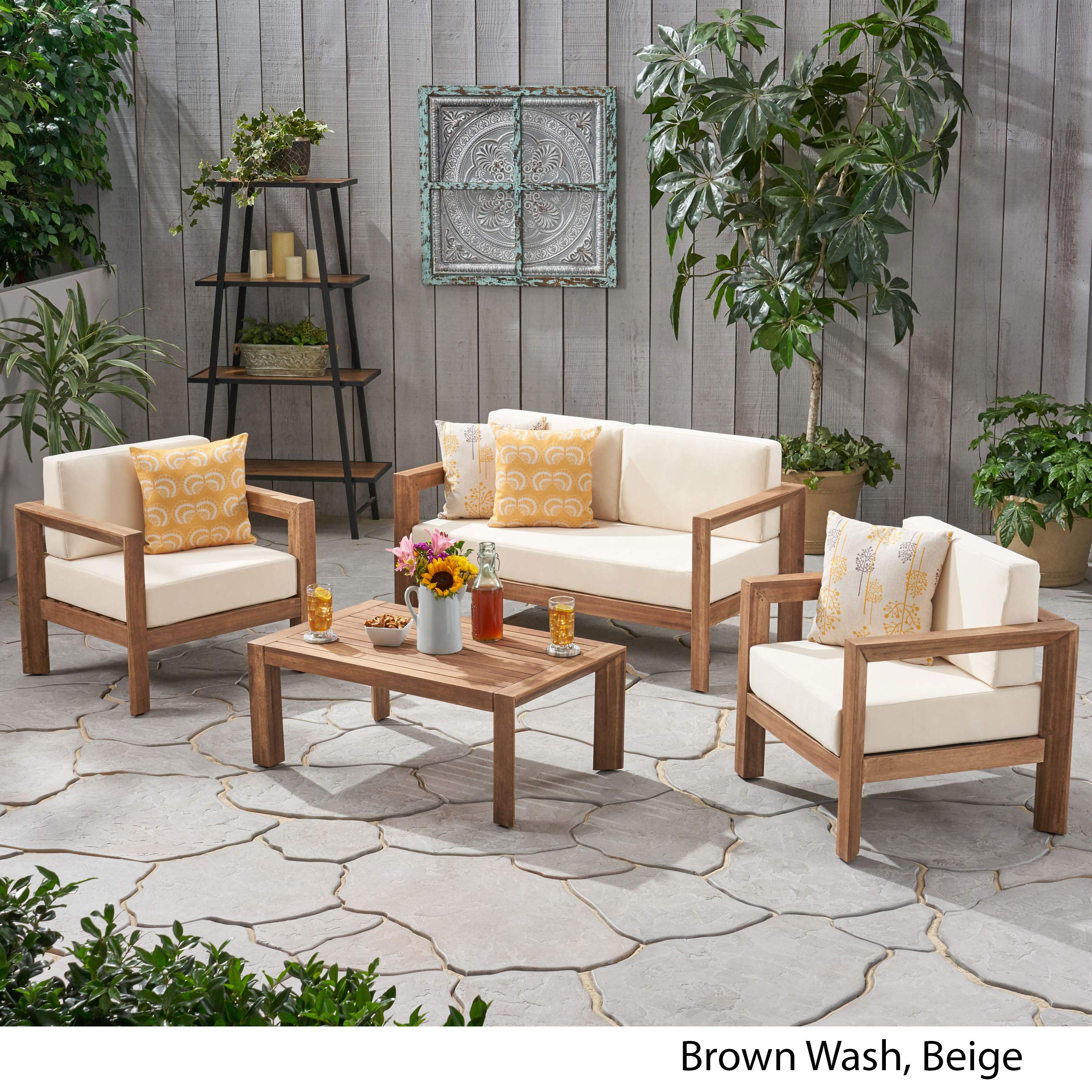 GDFStudio Outdoor 4 Seater Acacia Wood Chat Set, Brown Finish and Beige