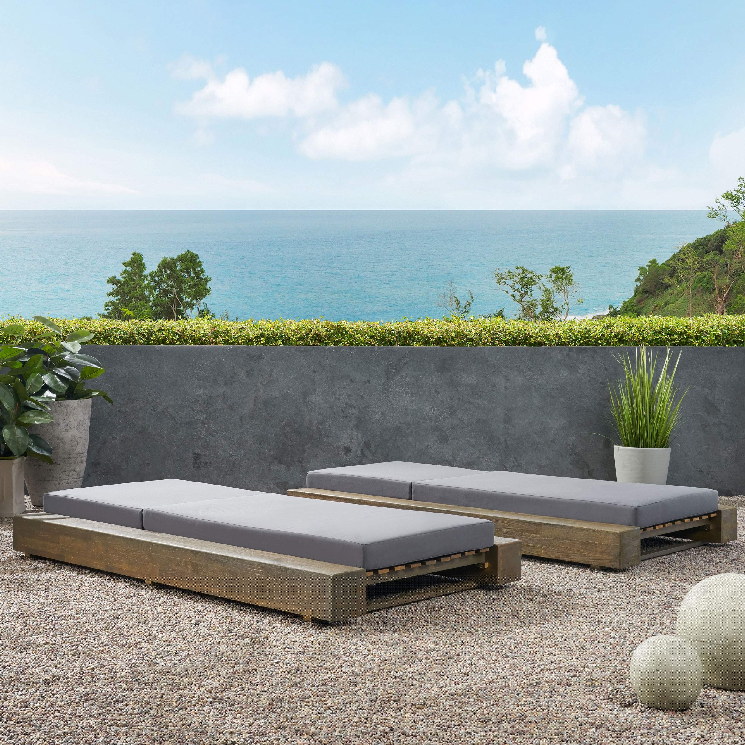 Great Deal Furniture Outdoor Acacia Wood Chaise Lounge and Cushion Sets (Set of 2), Gray and Dark Gray