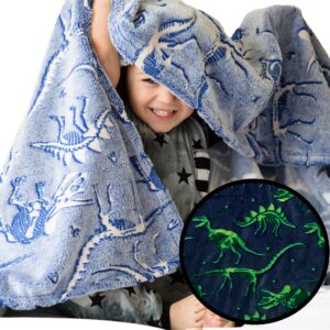 dinosaur blanket glow in the dark luminous dino blanket for kids - soft plush blue t-rex blanket throw for boys and girls - large 60in x 50in glowing jurassic dinosaur fossil gift dino bones blankets