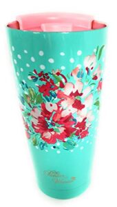 the pioneer woman garden stainless steel double wall vacuum insulated maverick tumbler with sliding lid, 20 oz, turquiose with floral and dots design