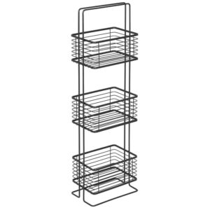 mDesign Slim Metal Wire 3 Tier Free-Standing Bathroom Shelving Unit, Small Narrow Storage Organizer Tower Rack with 3 Basket Bins - Holds Tissues, Hand Soap, Toiletries - Matte Black