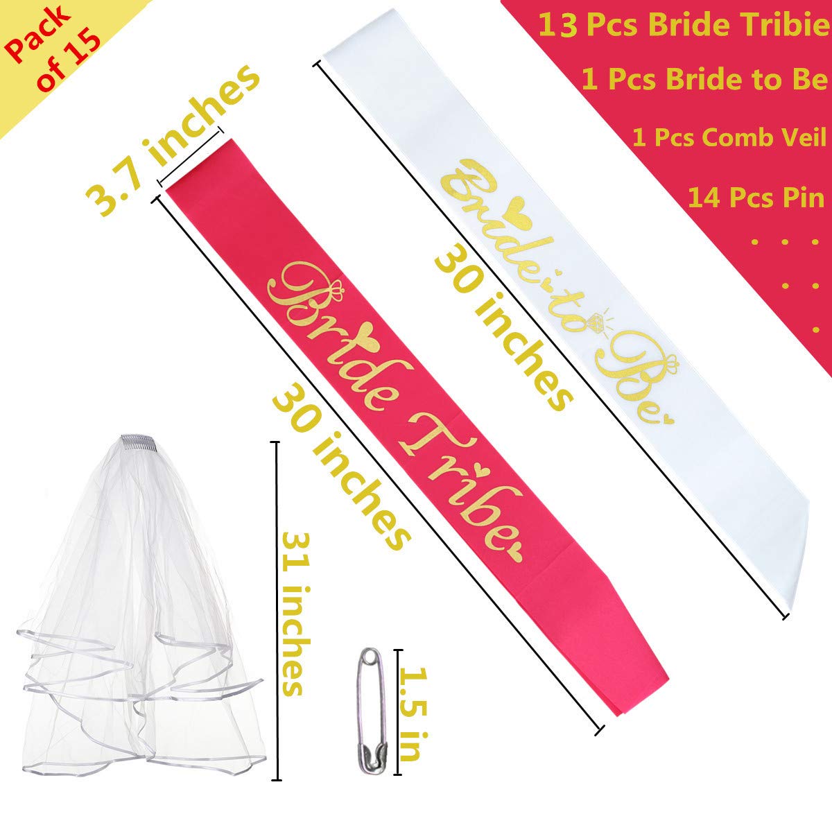 Bridesmaids Bride Tribe Sashes, Bachelorette Party Sashes and Veil Set Bridal Shower Sash Favors Gift (Pink,14 Sash with 1 Veil)