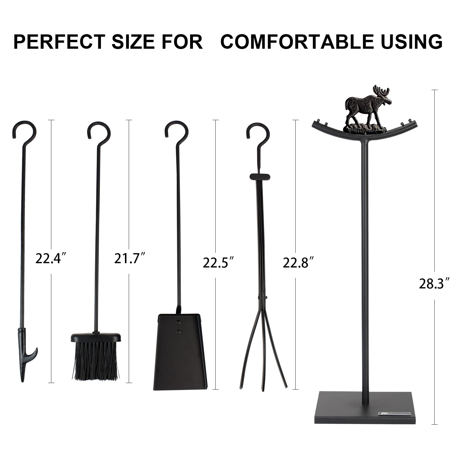 MYFIREPLACEDIRECT 5 Pieces Fireplace Tools Set Strength Wrought Iron Indoor Outdoor Fire Place Toolset Hearth Accessories Kit with Fireplace Brush, Fire Poker, Fireplace Shovel, Firewood Tong