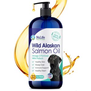 pure wild alaskan salmon oil for dogs, omega 3 formula with pollock, dog fish oil liquid, skin and coat supplement for shedding, dry itchy skin and allergies, epa + dha fatty acids, 32 oz pump bottle