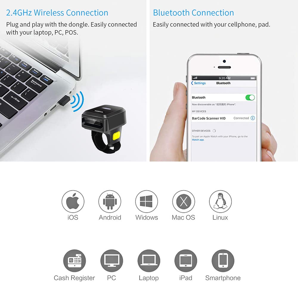 2D Bluetooth Ring Barcode Scanner,Symcode Wearable Wireless Finger Mini Bar Code Reader Scanner