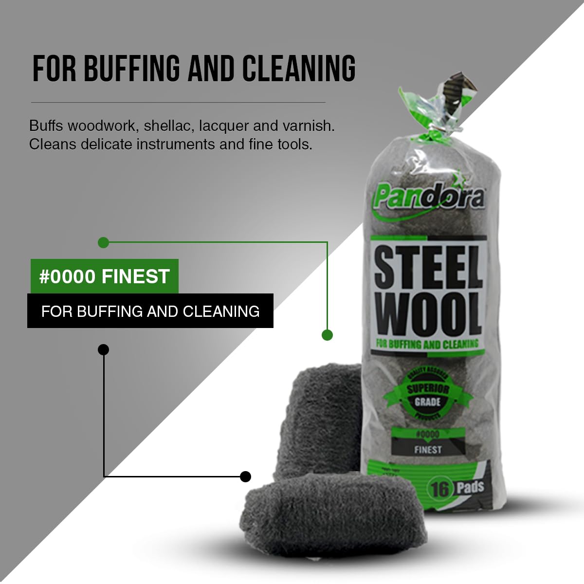 Pandora Steel Wool #0000 - Finest Grade, 16 Pads for Buffing and Cleaning - Quality Metal Strands - Ideal for Windows and Furniture