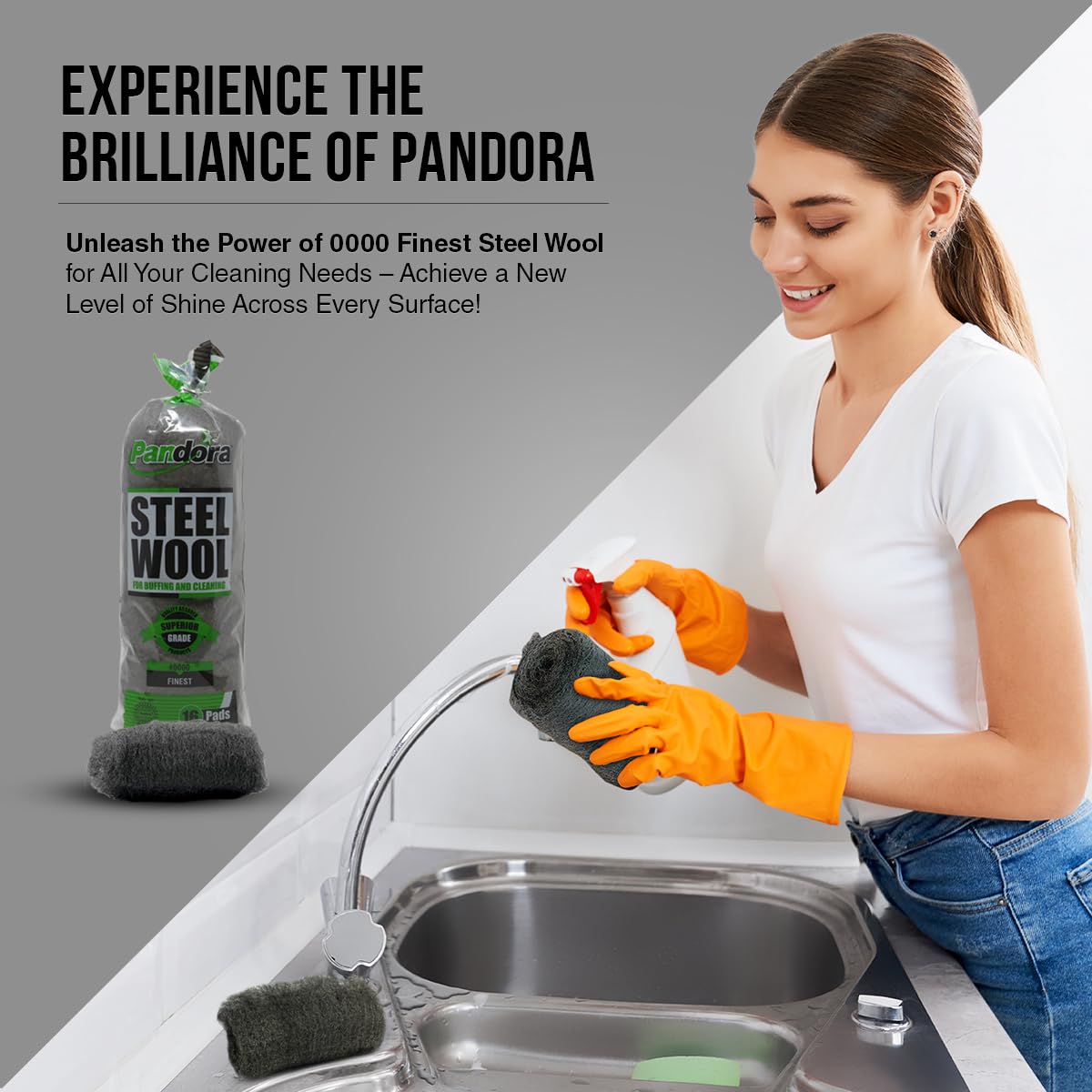 Pandora Steel Wool #0000 - Finest Grade, 16 Pads for Buffing and Cleaning - Quality Metal Strands - Ideal for Windows and Furniture