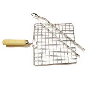 whopperonline sqaure roasting net with steel tong, stainless steel wire roaster, round roasting net with wooden handle, roasting net, papad jali, roti chapati grill