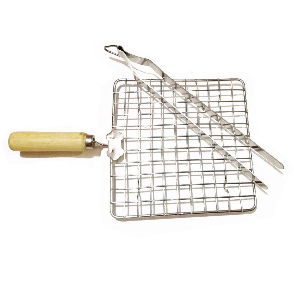 WhopperOnline Sqaure Roasting Net with Steel Tong, Stainless Steel Wire Roaster, Round Roasting Net with Wooden Handle, Roasting Net, Papad Jali, Roti Chapati Grill