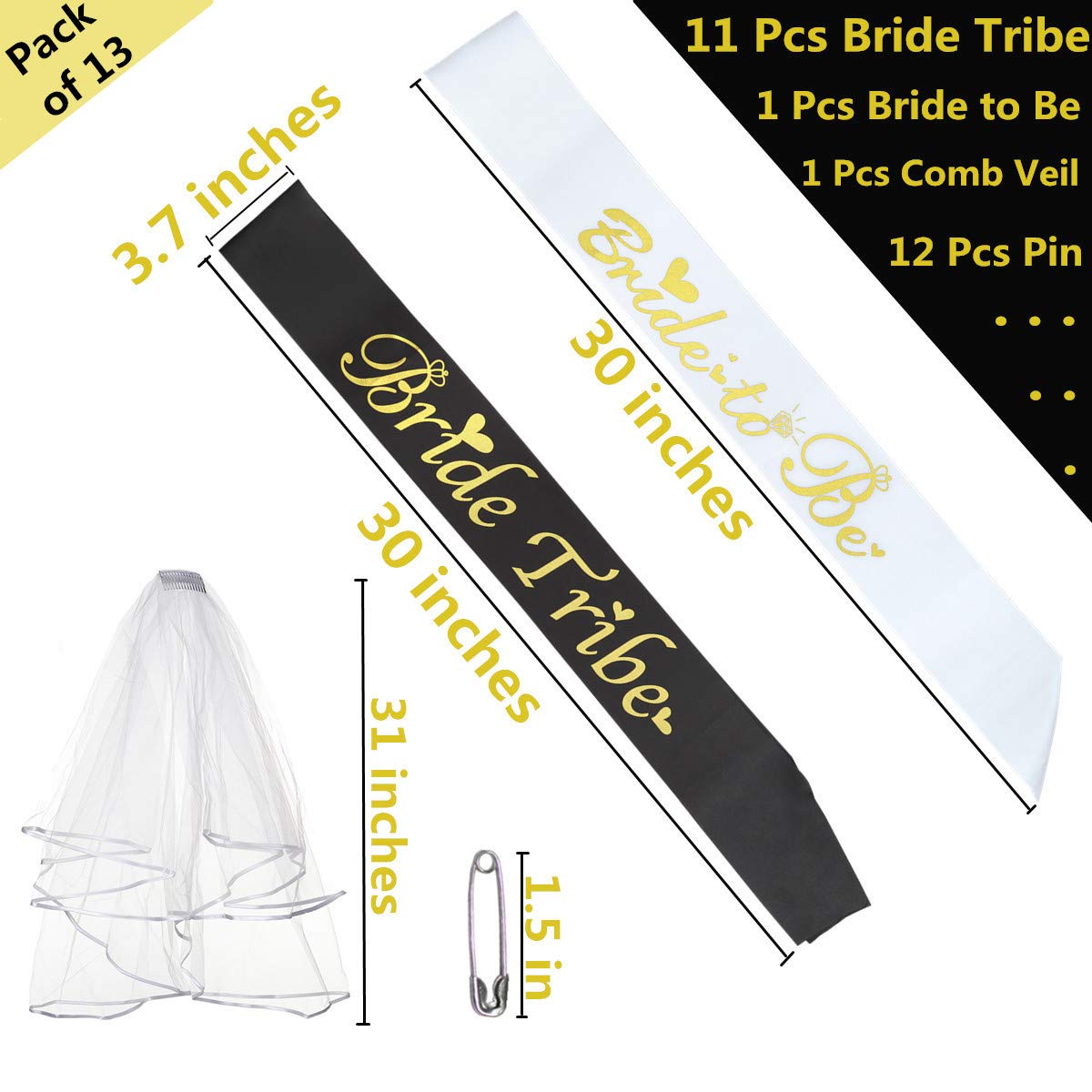 Bride Tribe Bridesmaids Sashes Sets Bachelorette Party Decorations Supplies Bridal Shower Favors Gift (Black, 12 Sash with 1 Veil)