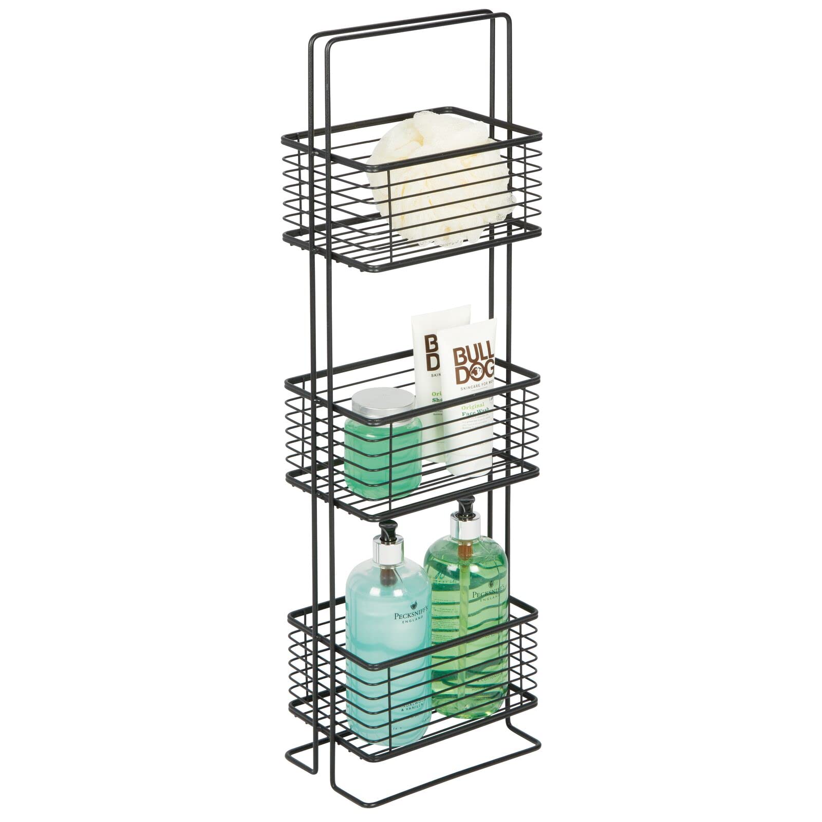 mDesign Slim Metal Wire 3 Tier Free-Standing Bathroom Shelving Unit, Small Narrow Storage Organizer Tower Rack with 3 Basket Bins - Holds Tissues, Hand Soap, Toiletries - Matte Black