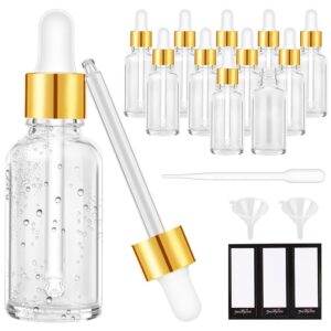 prettycare eye dropper bottle 2 oz (12 pack clear glass bottles 60ml with golden caps, 24 labels, funnel & measured pipettes) empty tincture bottles for essential oils