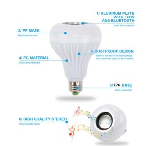 JETENCN LED Light Bulb Bluetooth Speaker with Remote Control and APP, White+Color Changing - Works with E26 Base Fixture - Perfect Lamp for Home, Party, Bedroom, Indoor Floodlight Bulb