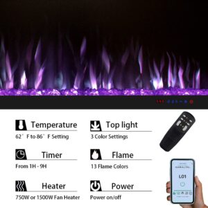 Masarflame 36" Recessed Electric Fireplace Insert, 5 Flame Settings, Log Set or Crystal Options, Temperature Control by Touch Panel & Remote, 750/ 1500W Heater