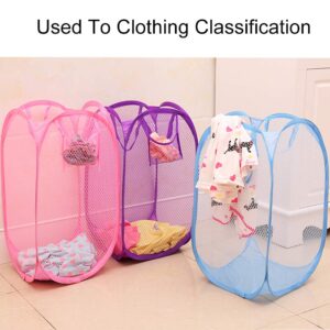 Qtopun Mesh Popup Laundry Hamper, Foldable 2 Pack Portable Dirty Clothes Basket Collapsible Dirty Clothes Hamper for Bedroom, Kids Room, College Dormitory and Travel (Light Blue+Pink)