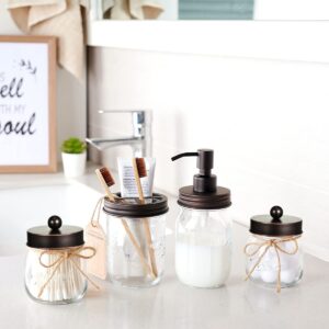 Amolliar Mason Jar Bathroom Storage Organizer -Oil Rubbed Bronze- Rustic Farmhouse Decor Bathroom Accessories - Qtip Holder Dispenser Glass Apothecary Jar-Qtips,Cotton Swabs,Ball,Flossers (2 Pack)