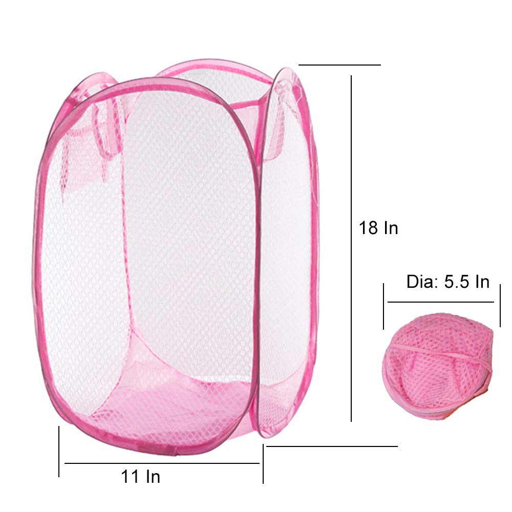 Qtopun Mesh Popup Laundry Hamper, Foldable 2 Pack Portable Dirty Clothes Basket Collapsible Dirty Clothes Hamper for Bedroom, Kids Room, College Dormitory and Travel (Light Blue+Pink)