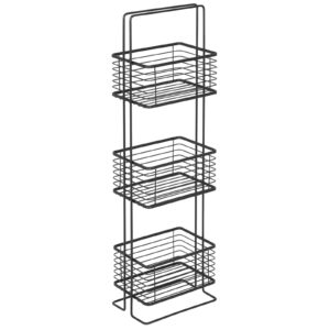 mDesign Slim Metal Wire 3 Tier Free-Standing Bathroom Shelving Unit, Small Narrow Storage Organizer Tower Rack with 3 Basket Bins - Holds Tissues, Hand Soap, Toiletries - Matte Black