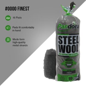 Pandora Steel Wool #0000 - Finest Grade, 16 Pads for Buffing and Cleaning - Quality Metal Strands - Ideal for Windows and Furniture