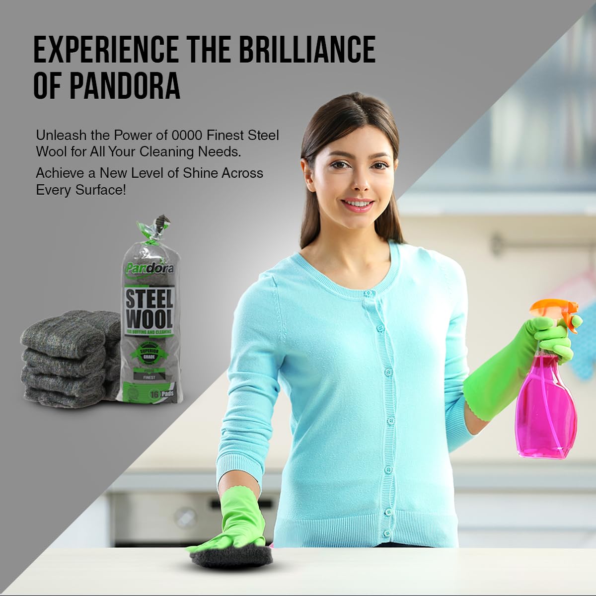 Pandora Steel Wool #0000 - Finest Grade, 16 Pads for Buffing and Cleaning - Quality Metal Strands - Ideal for Windows and Furniture