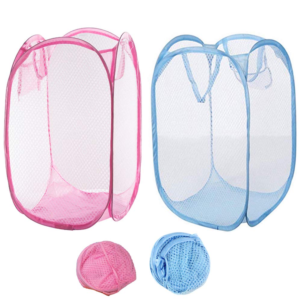 Qtopun Mesh Popup Laundry Hamper, Foldable 2 Pack Portable Dirty Clothes Basket Collapsible Dirty Clothes Hamper for Bedroom, Kids Room, College Dormitory and Travel (Light Blue+Pink)