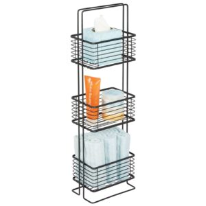 mdesign slim metal wire 3 tier free-standing bathroom shelving unit, small narrow storage organizer tower rack with 3 basket bins - holds tissues, hand soap, toiletries - matte black