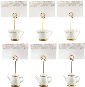 kate aspen place card holders (place cards included) - set of 12 - table number holder for weddings, teapot and teacup photo holder for table assignments at bridal showers or anniversaries