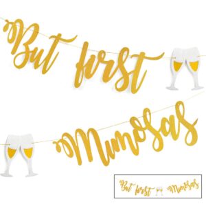 mimosa bar sign but first mimosas gold banner, decorations for bridal shower baby shower bubbly bar champagne brunch bachelorette party engagement wedding graduation fiesta birthday party