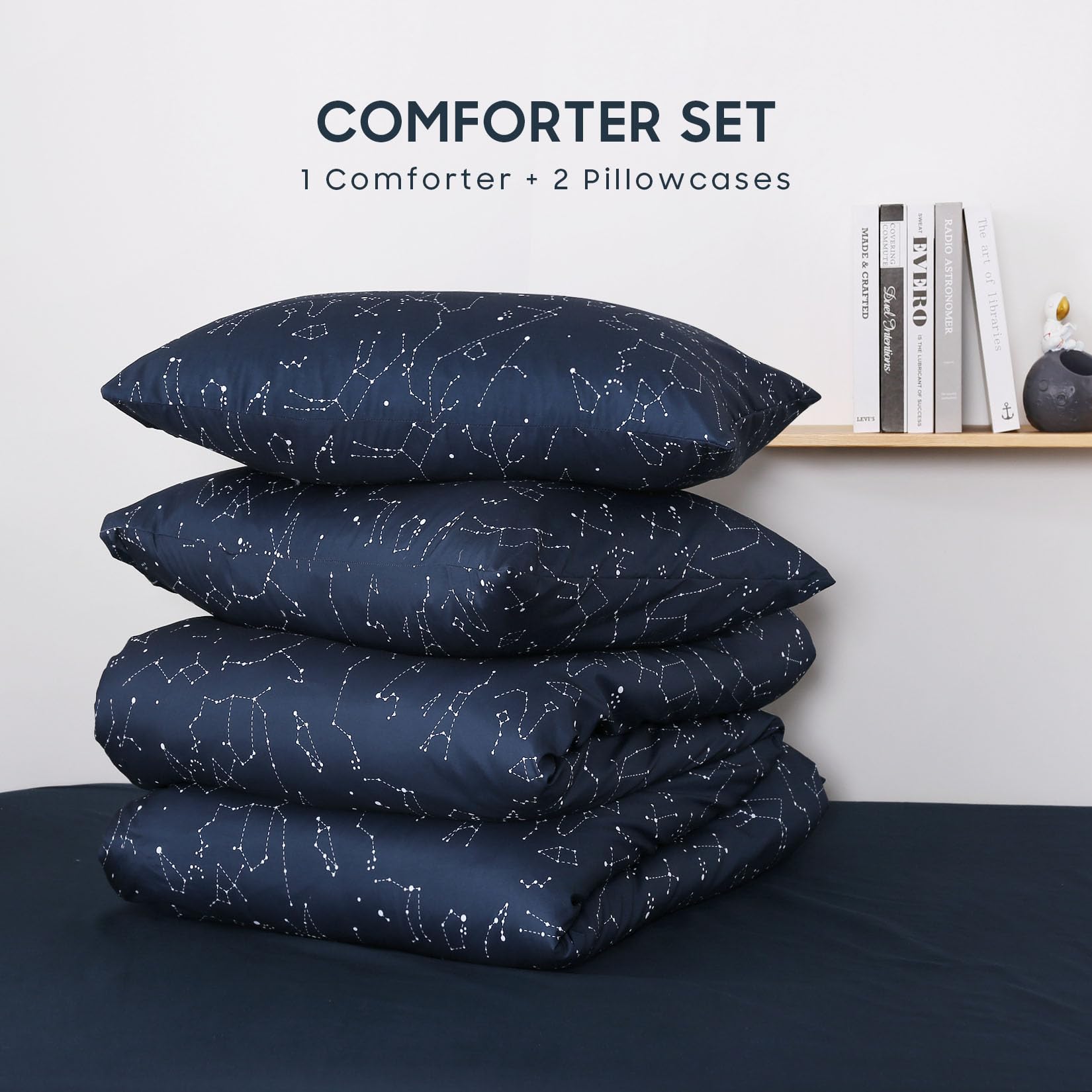 Wake In Cloud - Constellation Comforter Set, Celestial Space Star Galaxy Astrology, Soft Lightweight Bedding for Teen Kids Boys Girls, 3 Pieces, Navy Blue, Twin/Twin XL Size