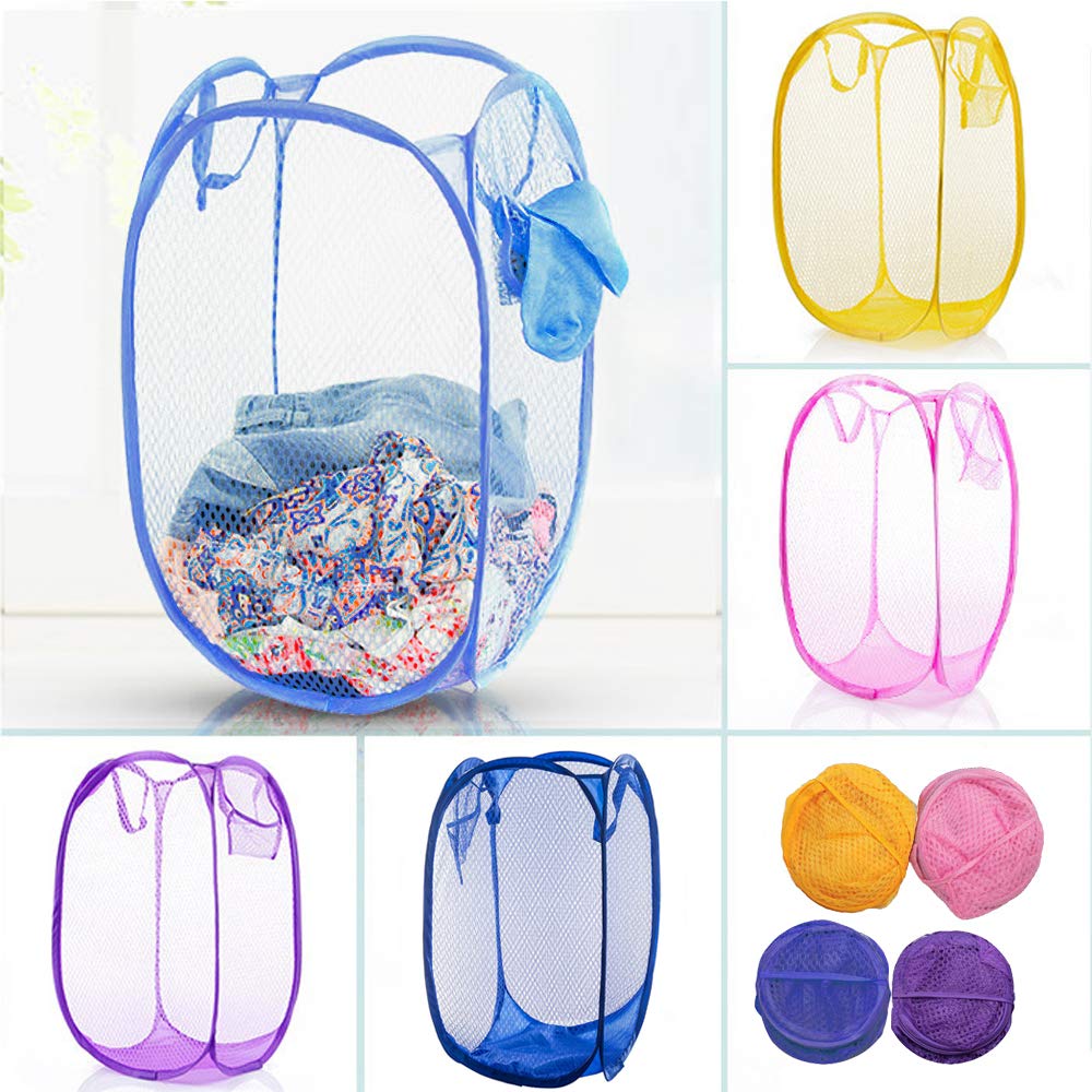 Qtopun Mesh Popup Laundry Hamper, Foldable 2 Pack Portable Dirty Clothes Basket Collapsible Dirty Clothes Hamper for Bedroom, Kids Room, College Dormitory and Travel (Light Blue+Pink)