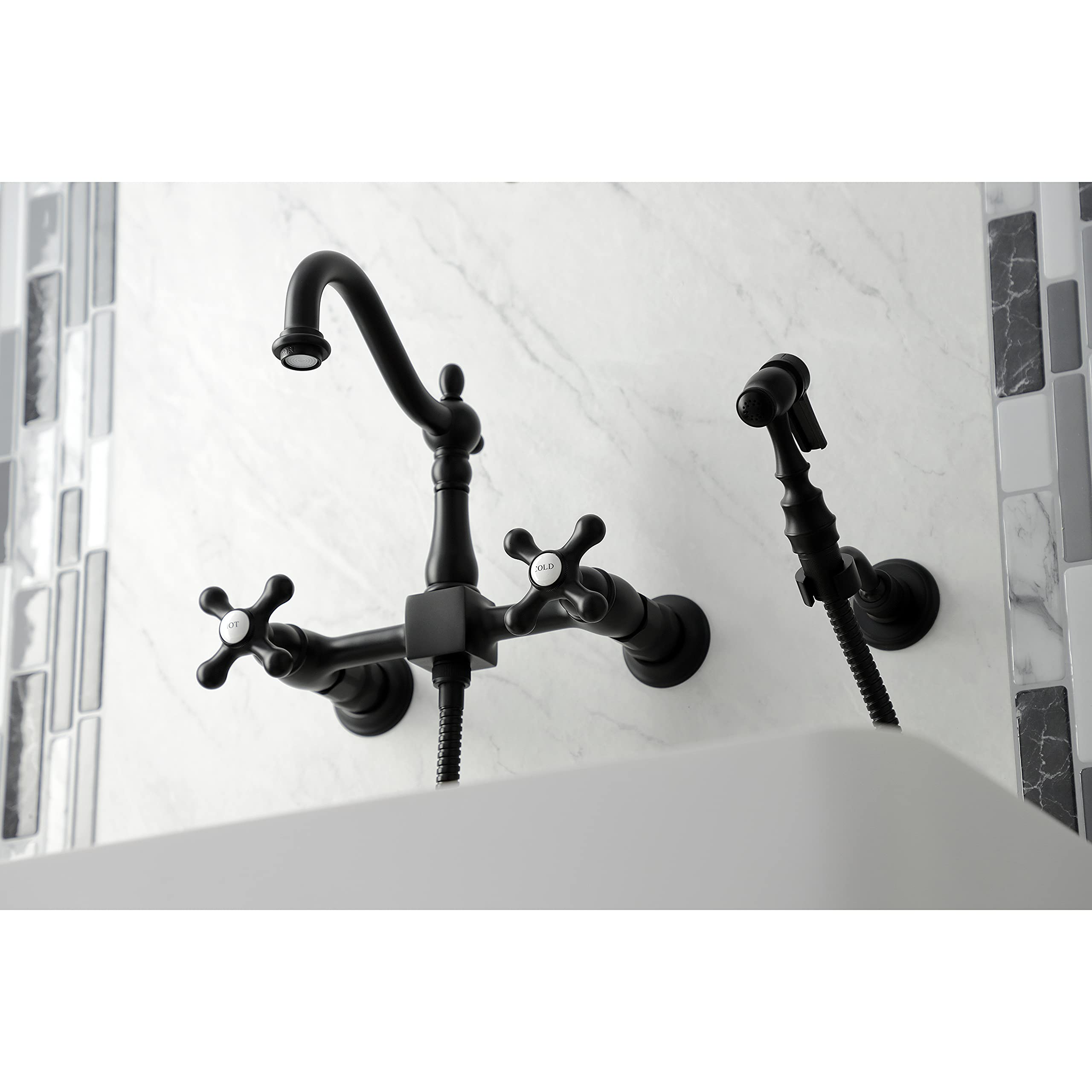 Kingston Brass KS1260AXBS Heritage Bridge Kitchen Faucet, Matte Black