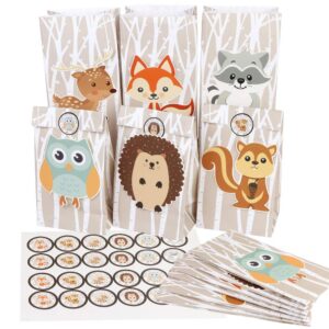 ourwarm 24pcs woodland party favor bags, 3d animals candy treat gift bags with thank you stickers for kids woodland animals theme baby shower birthday party decorations supplies, 6 styles