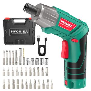 cordless screwdriver, hychika 4v 2.0ah electric screwdriver rechargeable screw gun & bit set, front led and rear flashlight, ratchet wrench, dc charging with usb cable, 36pcs accessories