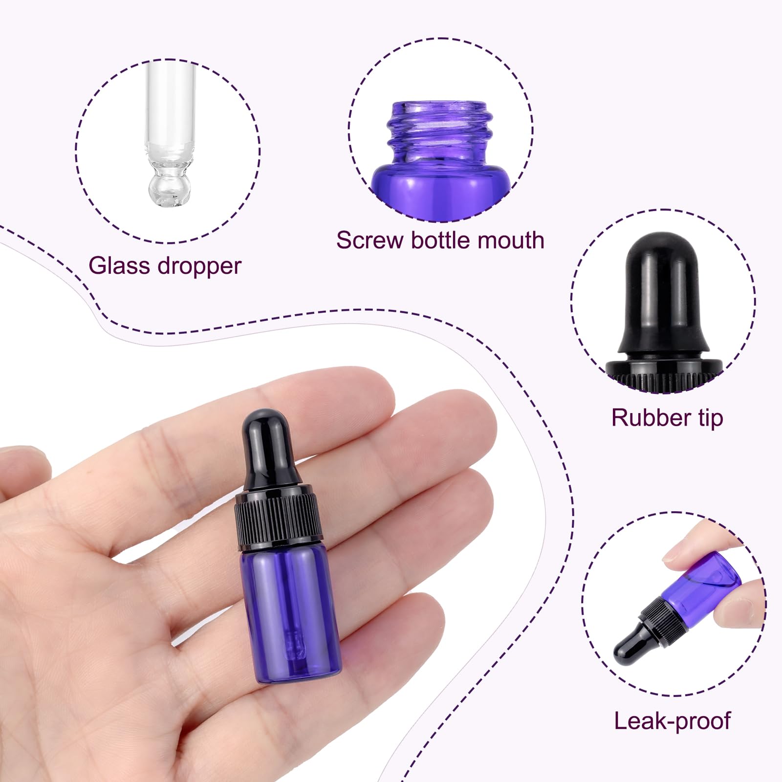 Kesell Multicolor Mini Glass Dropper Bottles, 3ml Essential Oil Glass Bottle Empty Lotion Perfume Sample Vials with Glass Eye Dropper, Pack of 20