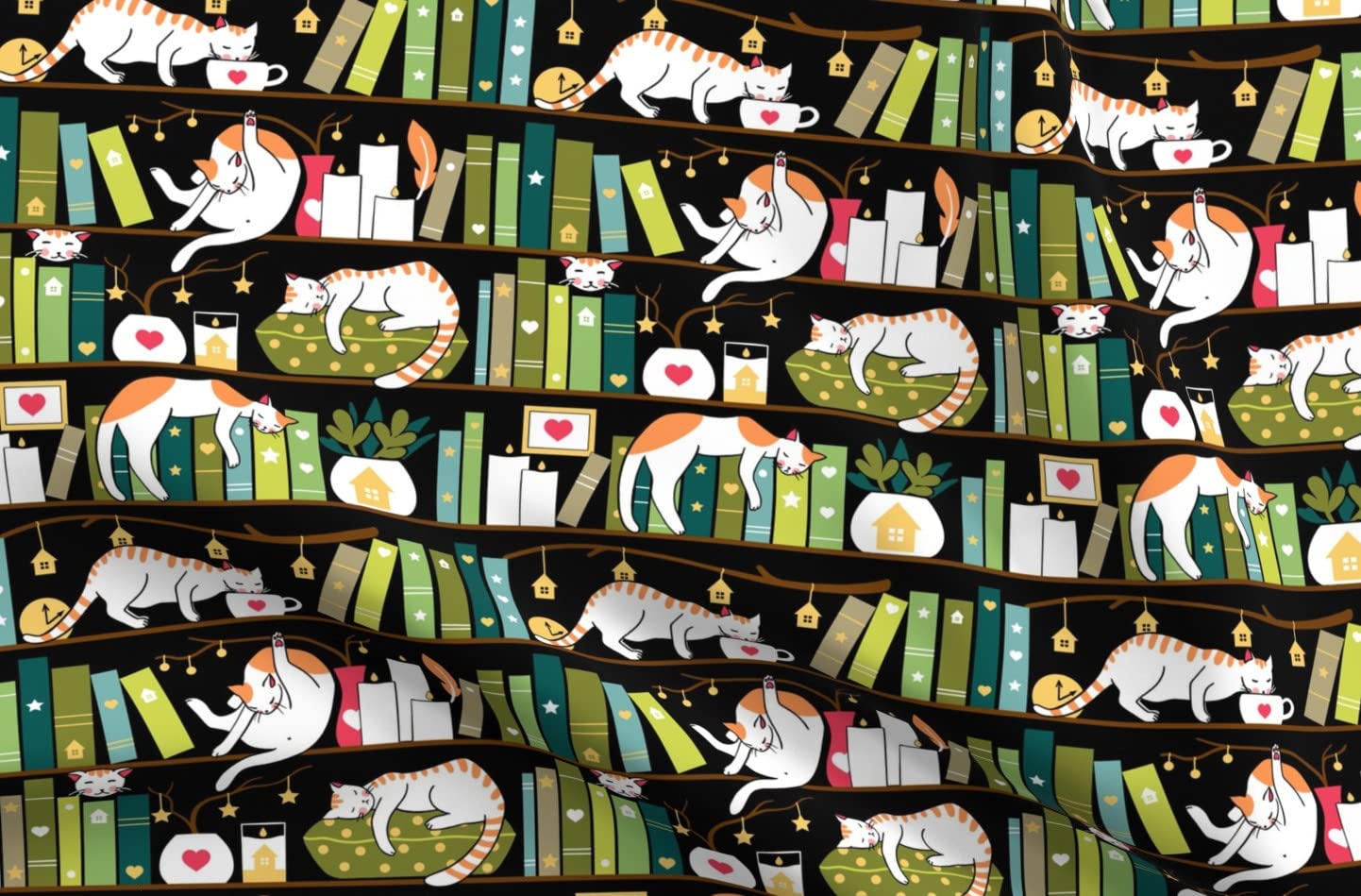 Spoonflower Fabric - Library Cats Cat Book Candle Bookshelf Hygge Books Cute Home Pet Printed on Petal Signature Cotton Fabric by The Yard - Sewing Quilting Apparel Crafts Decor