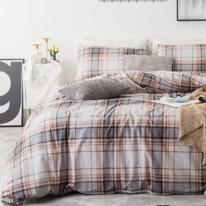 SUSYBAO Brown Plaid Duvet Cover King 100% Cotton Tan Tartan Duvet Cover 3 Pieces Set 1 Rustic Khaki Striped Duvet Cover with Zipper Ties 2 Pillowcases Luxury Soft Farmhouse Gingham Bedding Set