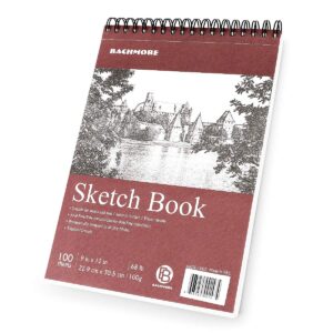 bachmore sketchpad 9x12 inch (68lb/100g), 100 sheets of top spiral bound sketch book for artist pro & amateurs | marker art, colored pencil, charcoal for sketching