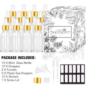 PrettyCare Eye Dropper Bottle 2 oz (12 Pack Clear Glass Bottles 60ml with Golden Caps, 24 Labels, Funnel & Measured Pipettes) Empty Tincture Bottles for Essential Oils