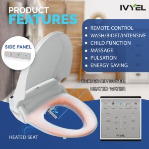 Ivyel J-2R Smart Electric Bidet for Toilet Seat,Fits Round toilet,Warm water,Heated bidet toilet seat,Remote Control,Heated Dryer, hild Function,Stainless Steel Self-Cleaning Nozzle,LED Night Light