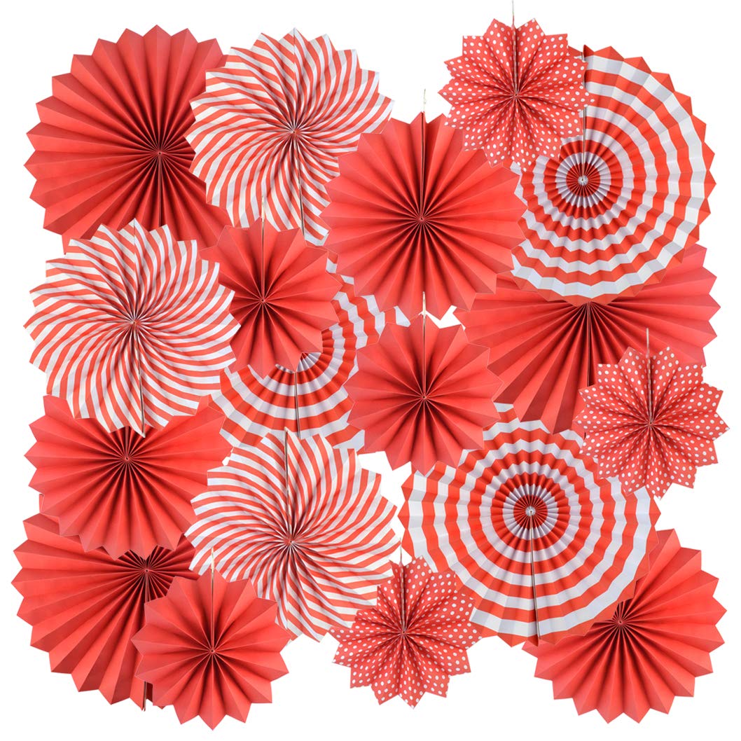 18Pc Party Hanging Paper Fans Set Decorative Red Folding Fans Party Decorations Round Fan Wall Decor Paper Garlands Flower Decoration for Birthday Festival Party Wedding Graduation Events Accessories