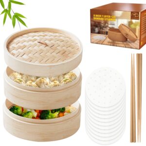 dealzndealz 3-piece bamboo steamer basket with lid 10-inch 2-tier, 50 perforated bamboo steamer liners with 2-pairs of bamboo chopsticks