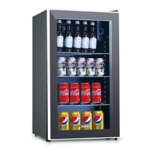 kuppet 120-can beverage cooler and refrigerator, small mini fridge for home, office or bar with glass door, perfect for soda beer or wine, black&stainless steel, 3.1 cu.ft