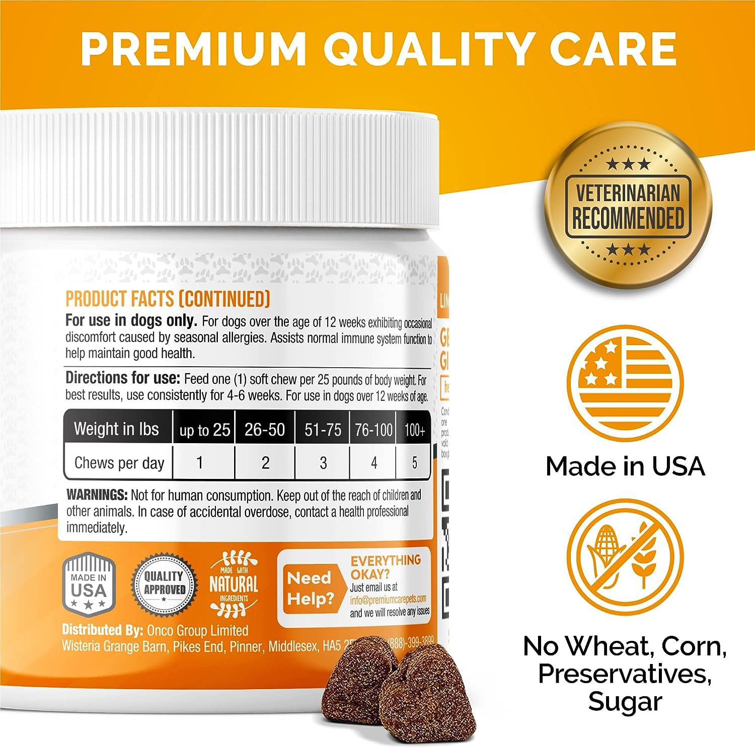 PREMIUM CARE Itch Relief for Dogs - 120 Allergy Chews for Dogs - Anti Itch Seasonal Support for Pets Itchy Skin Relief Skin Health Support with Colostrum, Vitamin C, Omega and Bee Pollen