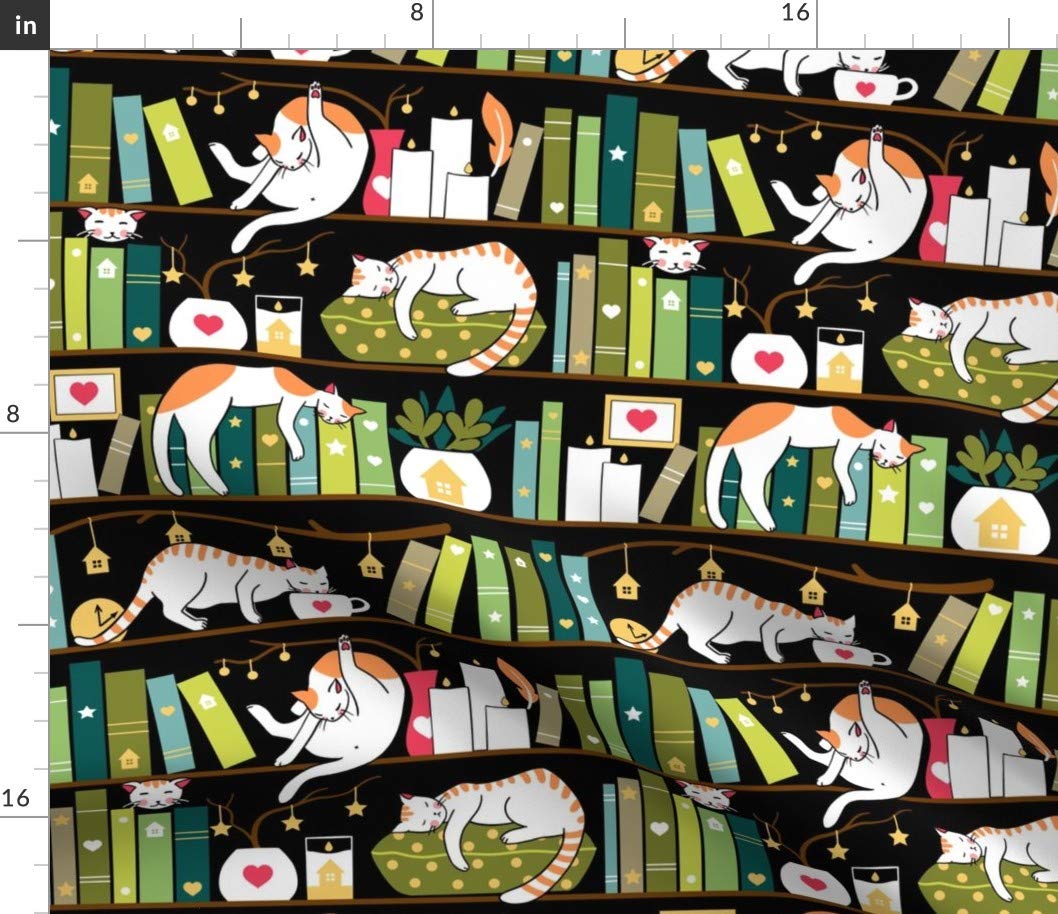 Spoonflower Fabric - Library Cats Cat Book Candle Bookshelf Hygge Books Cute Home Pet Printed on Petal Signature Cotton Fabric by The Yard - Sewing Quilting Apparel Crafts Decor