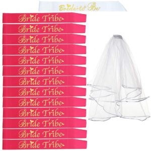 bridesmaids bride tribe sashes, bachelorette party sashes and veil set bridal shower sash favors gift (pink,14 sash with 1 veil)