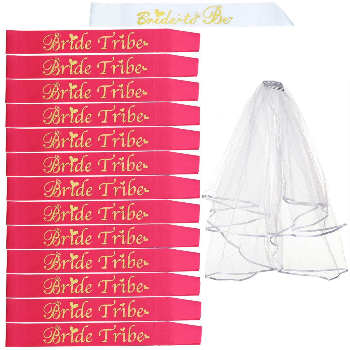 Bridesmaids Bride Tribe Sashes, Bachelorette Party Sashes and Veil Set Bridal Shower Sash Favors Gift (Pink,14 Sash with 1 Veil)