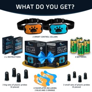 PawPets Anti Bark Collar - No Shock Training Dog Collar - Humane with Vibration and Sound Barking Collar for Small Medium Large Dogs 5-100lbs - 2 Pack Blue Orange (Battery)