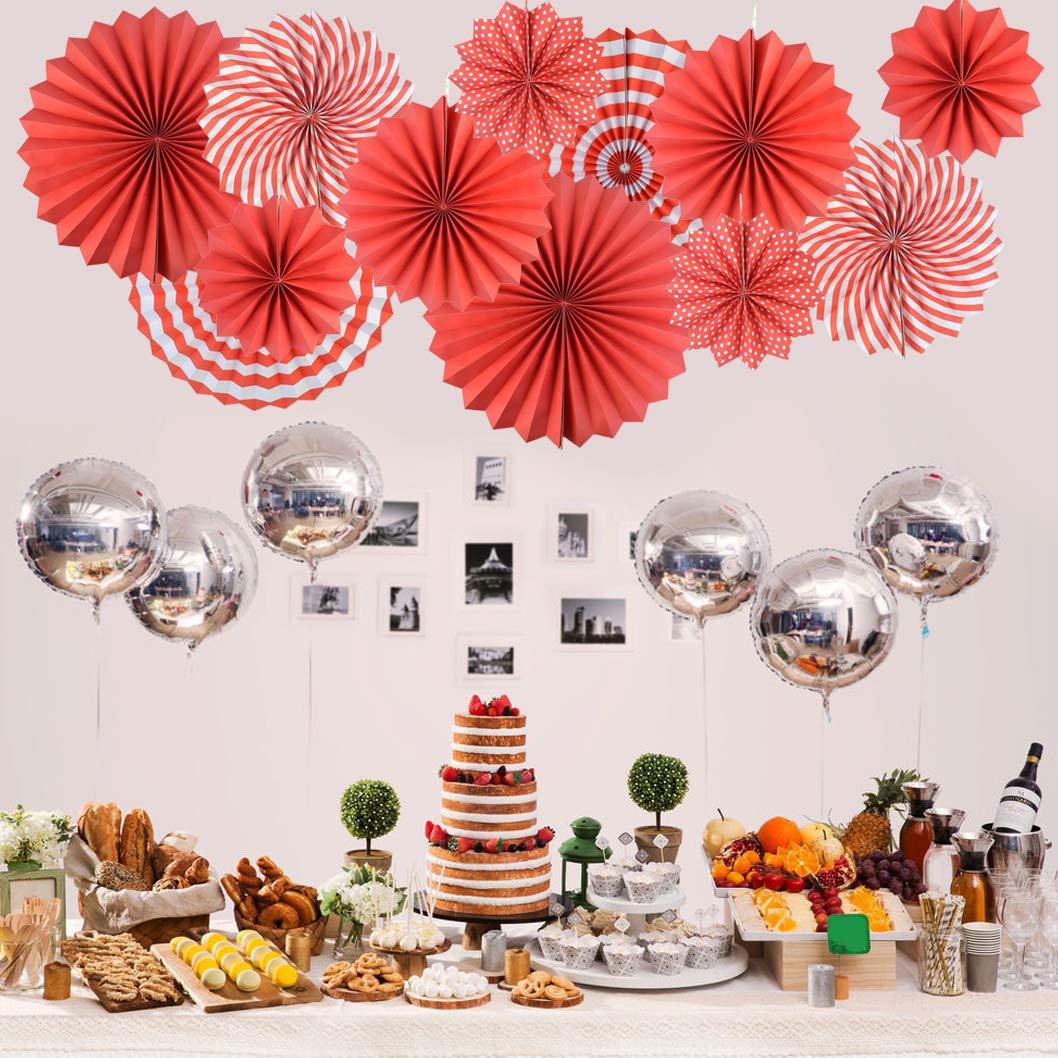 18Pc Party Hanging Paper Fans Set Decorative Red Folding Fans Party Decorations Round Fan Wall Decor Paper Garlands Flower Decoration for Birthday Festival Party Wedding Graduation Events Accessories