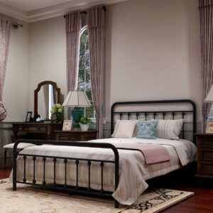 aufank metal bed frame full size victorian vintage style headboard footboard no box spring needed heavy duty steel slat mattress foundation black