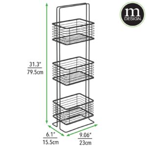 mDesign Slim Metal Wire 3 Tier Free-Standing Bathroom Shelving Unit, Small Narrow Storage Organizer Tower Rack with 3 Basket Bins - Holds Tissues, Hand Soap, Toiletries - Matte Black